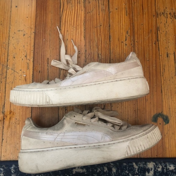 Puma | Shoes | Puma Suede Satin Cream Platform Sneaker Suede 8 | Poshmark